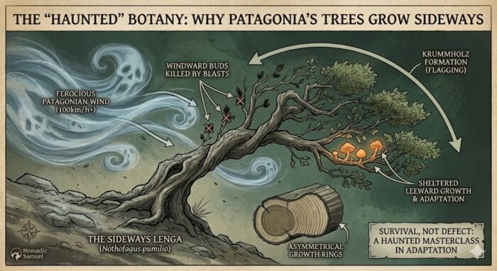 Sideways Lenga trees of Laguna Torre: Patagonia's haunted woods